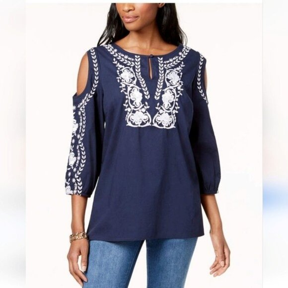 Charter Club | Tops | Charter Club Navy Blouse With White Embroidery ...